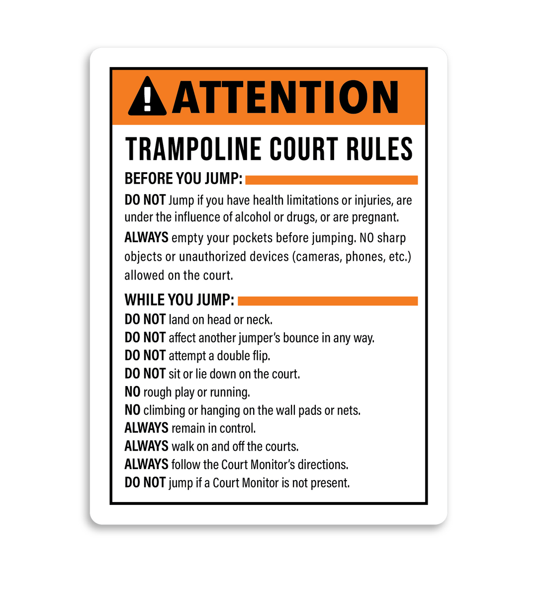 Attention: Trampoline Court Rules Sign – Order Cdesigns