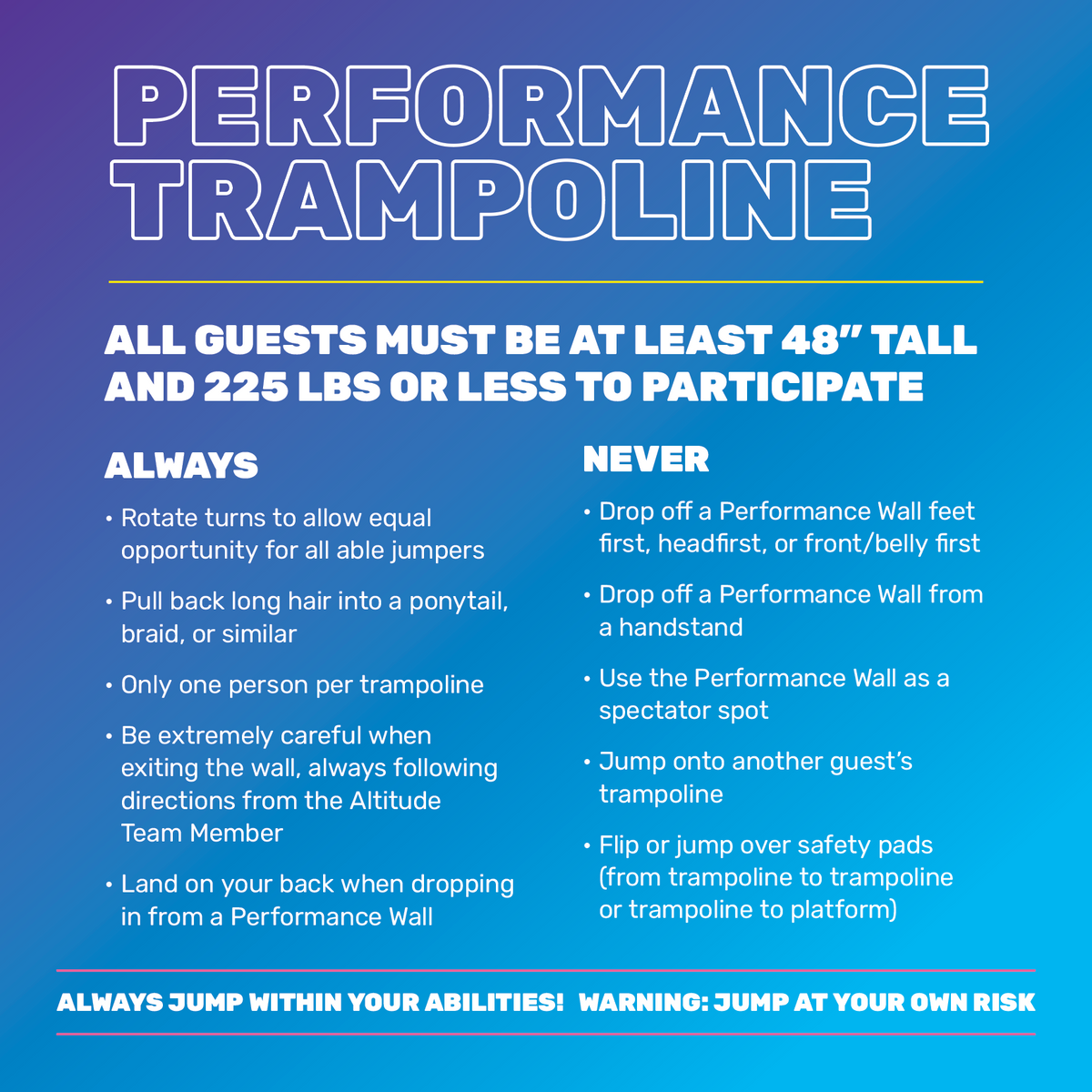 Performance Trampoline Rules-General - 2 Ft Square Sign – Order Cdesigns